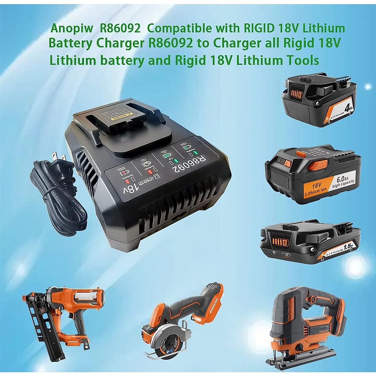 ANOPIW R86092 Replace Ridgid R86092 18V Lithium Ion Battery Charger to Charge Ridgid 18V Lithium Ion Battery R840083, R840085, R840086。。。