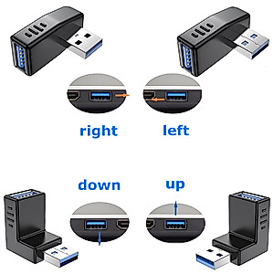Urtop 4 Pack USB 3.0 Male to Female Angle Adapter, Left Right Up and Down Angle 90 Degree 270 Degree USB Cable Extender Connector Support Data Sync & Max 2A Charging