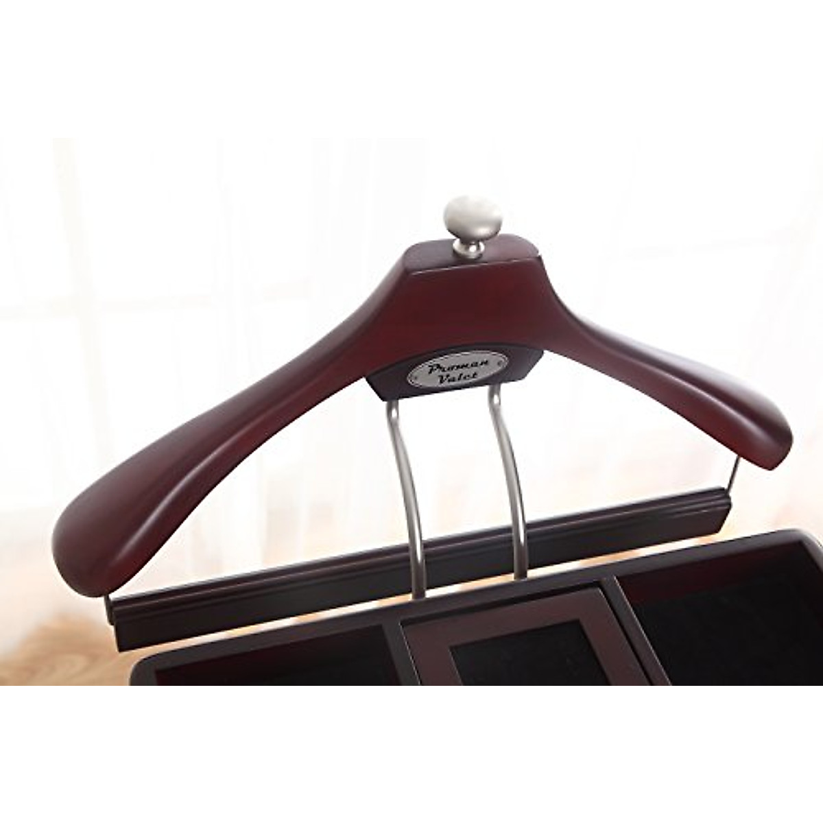 Proman Products Norstar Suit Valet Stand VL36245 with Detachable Hanger, Trouser Bar, Tie Bars, Mirror Tray & Drawer, 20”W x 15” D x 49”H, Mahogany