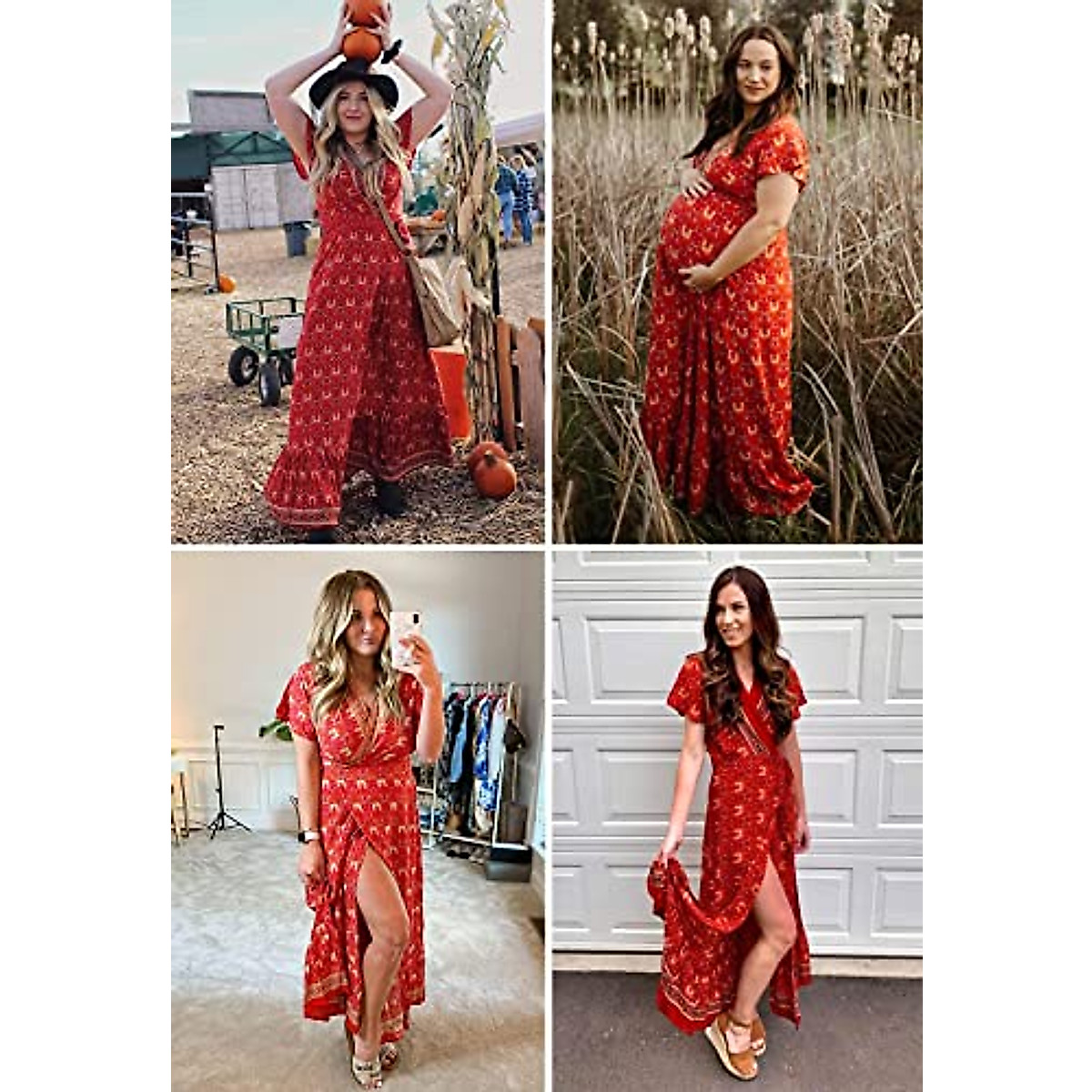 ZESICA Women's 2023 Bohemian Floral Printed Wrap V Neck Short Sleeve Split Beach Party Maxi Dress,Red2,Medium