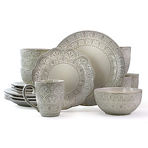 Elama Elegant Round Embossed Stoneware High Class Dinnerware Dish Set, 16 Piece, White