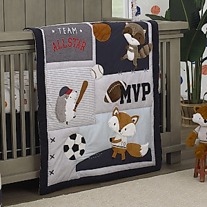 NOJO Team All Star Navy, Grey, and Light Blue, Football, Baseball, Soccer and Basketball, 4 Piece Nursery Crib Bedding Set - Comforter, 100% Cotton Fitted Crib Sheet, Crib Skirt and Storage Tote