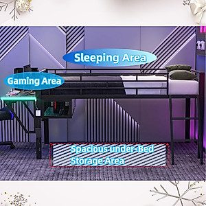 Linique Twin Size Gaming Loft Bed with Desk, LED and Staircase, Metal Loft Bed Frame with Vented Mesh Undercarriage Storage, Black