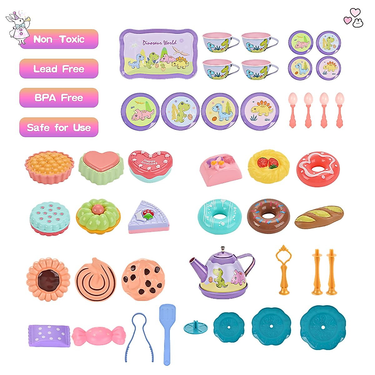 Yosamy 45Pcs Tea Party Set for Little Girls Princess Tea Time Toy Playset Ocean/Dinosaur Theme Kids Tea Set with Desserts & Carrying Case Kitchen Pretend Toy for Kids Toddlers Age 3 4 5 6 (Dinosaur)