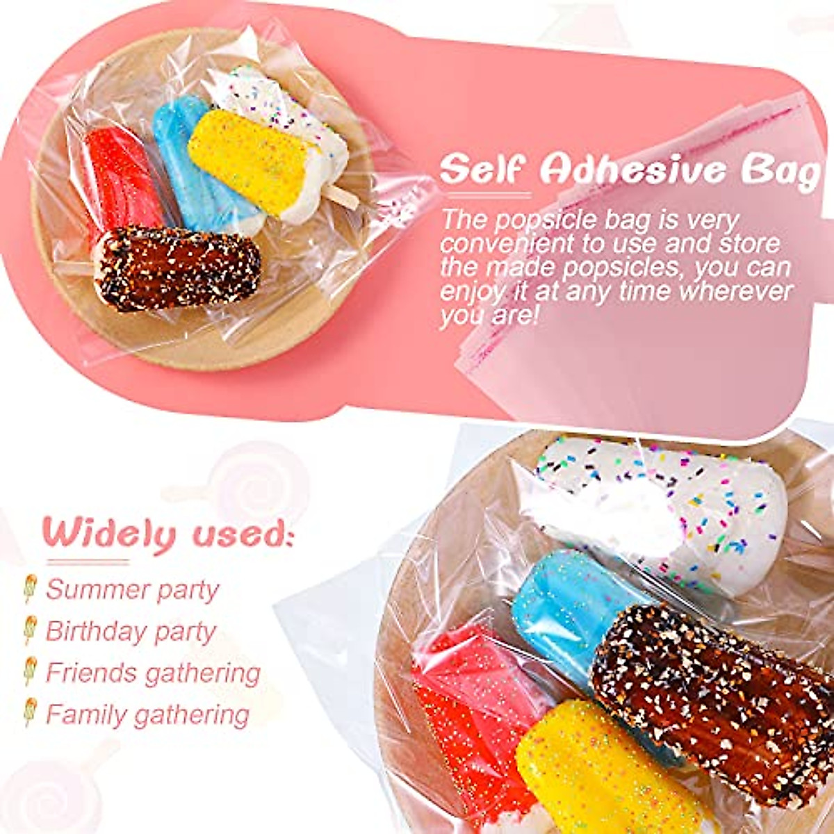 300 Pieces Ice Lolly Sticks and Bags Set, 200 Pieces Clear Ice Lolly Plastic Bags Ice Lolly Self-adhesive Plastic Bags and 100 Pieces Ice Lolly Sticks, 4.49 Inch, 8.27 x 3.15 Inch