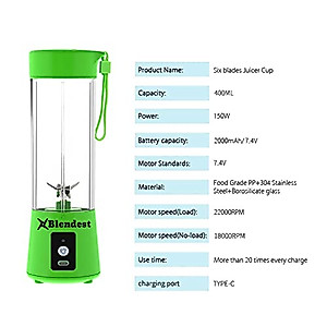 Blendest Portable Blender, USB Travel Juice Cup Personal Travel Blender Baby Food Mixing Machine with Updated 6 Blades with Powerful Motor Speed 18,000 rpm Rechargeable Battery,13.5 OZ (400ml) Green