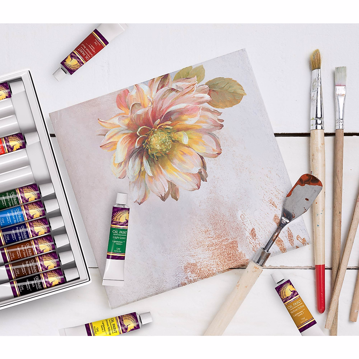 MyArtscape Oil Paint Set - 12 x 12ml Tubes - Lightfast - Heavy Body - Oil-based Vibrant Colors - High Pigment Load - Non-fading - Artist Quality Painting Supplies - Professional Craft Paints