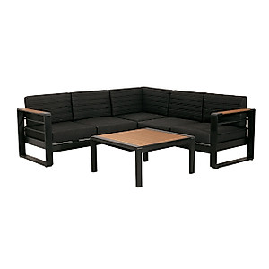Christopher Knight Home Sornsa Outdoor Aluminum Frame Sets, Outdoor Sectional Sofas with Table Set, Aluminum Frame Sofas Sets, Polywood Accents Seating Patio Furniture Conversation Sets, Black