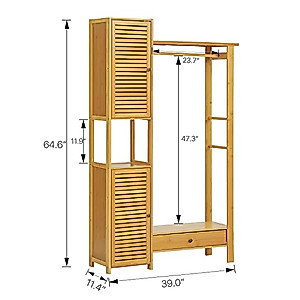 MoNiBloom Closet Organizer with Two Shutter Doors and 1 Drawer, Bamboo Freestanding Clothes Garment Rack with a Hanging Rob, 3 Storage Shelves, 2 Hooks and Plats Rack, Natural