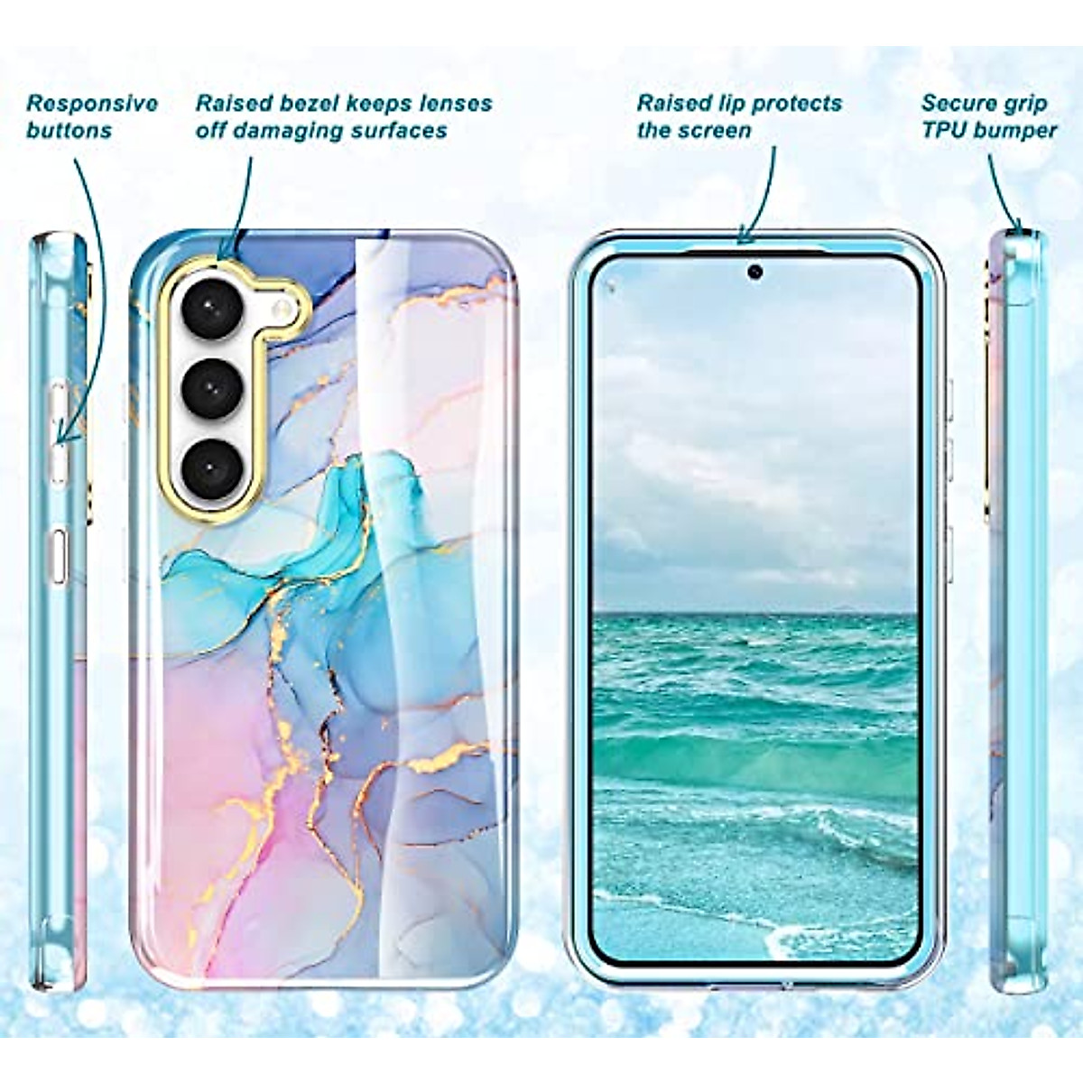 Turquiase for Samsung Galaxy S23 Case with 2pcs Tempered Screen Protector&1pcs Len Camera Protector, Lightweight and Stylish Full Body Shockproof Protective Rugged TPU Case, Blue Marble