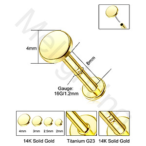 Melighting 14K Gold Threadless Earrings 16G Gold Flat Back Earrings Tiny Flat Disc Threadless Push in Labret Stud Gold Tragus Piercing Jewelry for Women Conch Helix Stud