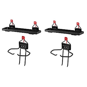 Rubbermaid Outdoor Metal Backyard Storage Accessories Shelf, Black (2 Pack) and Rubbermaid Storage Shed Mounted Power Tool Holder Accessory (2 Pack)