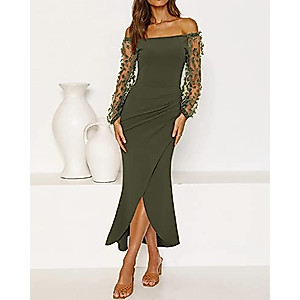 BTFBM Women Elegant Off Shoulder Dresses Sheer Long Sleeve Mesh Ruched Wrap Split Bodycon Maxi Cocktail Wedding Guest Dress(Solid Army Green, Large)
