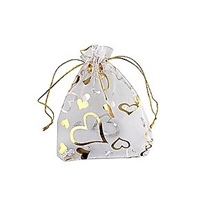 QIANHAILIZZ 100 pcs 3.5 x 4.7 Inch Flower Heart Organza Jewelry Gift Pouch Candy Pouch Drawstring Wedding Favor Bags (A white with gold heart)