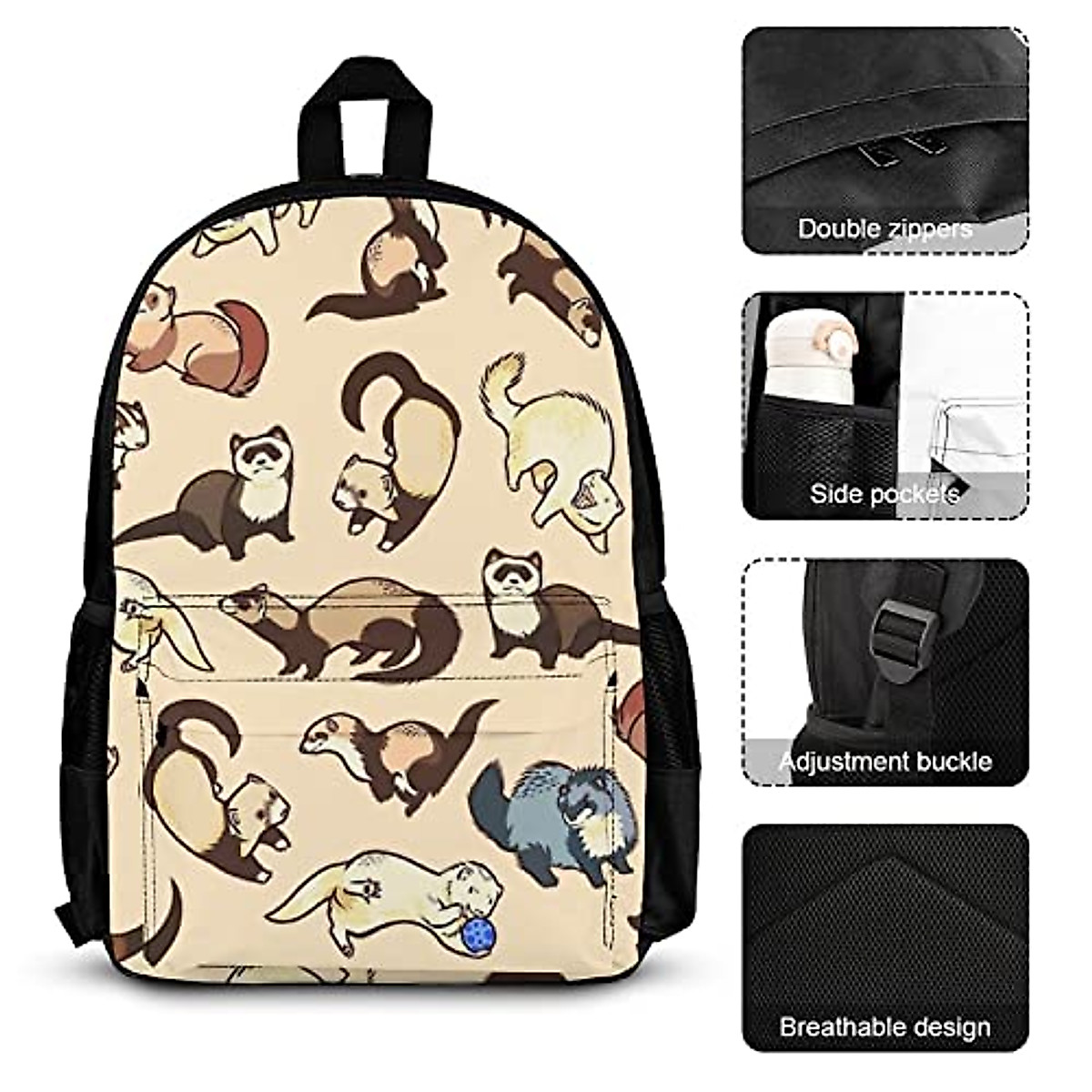 Supdreamc 3 Piece Rucksacks Hairy Ferret Art Camping Outdoor Backpack Sets - Large Capacity Multipurpose Carry On Bag+Lunch Bag+Pencil Case