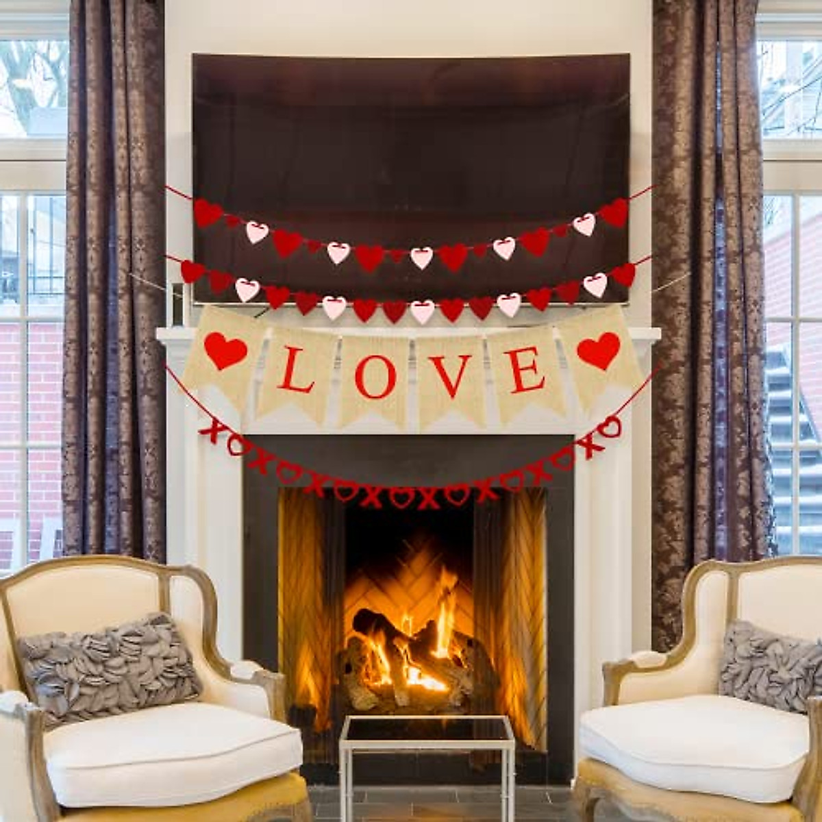 4Pcs Valentines Day Decorations Set Love Heart XO Garlands Banner for Engagement Wedding Party Home Classroom Office, No DIY Required