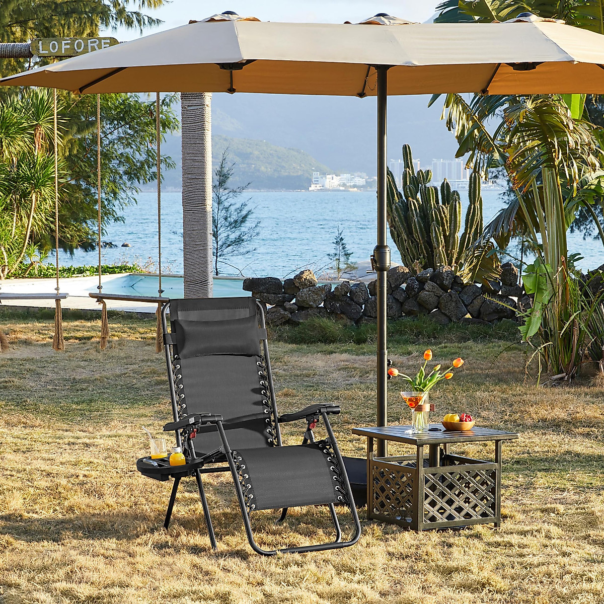 Yaheetech Zero Gravity Recliners Outdoor Adjustable Folding Reclining Lounge Chairs w/Pillows, Cup Holder Trays and Carry Strap for Patio Backyard Beach Black Set of 2