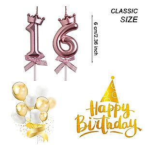 AOOLADA 16th Birthday Candles, Rose Gold 3D Number 16 Happy Birthday Candle with Crown, Cake Topper Decorations for Teenagers Boys Girls