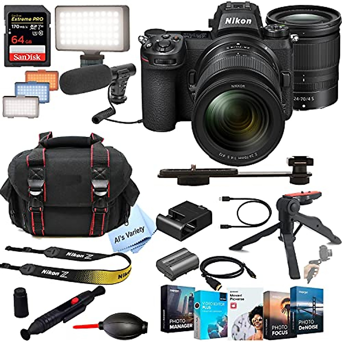 Nikon Z7II Mirrorless Digital Camera 45.7MP W/Nikkor Z 24-70mm f/4 S Lens + Shot-Gun Microphone + LED Always on Light+ 64GB Extreme Speed Card,Gripod,Case,and More (26pc Video Bundle),Nikon Z7 II