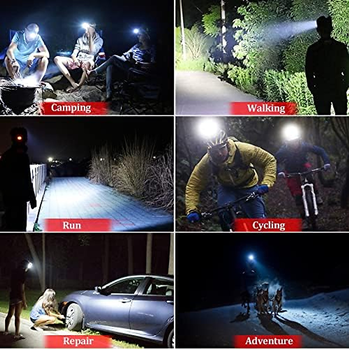 Aikertec Headlamp Rechargeable, 150000 Lumen Super Bright Headlamp Flashlight,4 Modes, 60H Battery Powered, Zoom, Waterproof Head Lamp, Red Blue Hardhat Headlamp for Camping Running Hunting