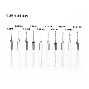HUHAO 10PCS PCB Drill Bits Sets Spiral Flute Carbide 0.25mm to 1.15mm Carbide PCB Mini Drill Bit CNC Engraving Tool Tungsten Steel for Print Circuit Board Jewelry (2680)