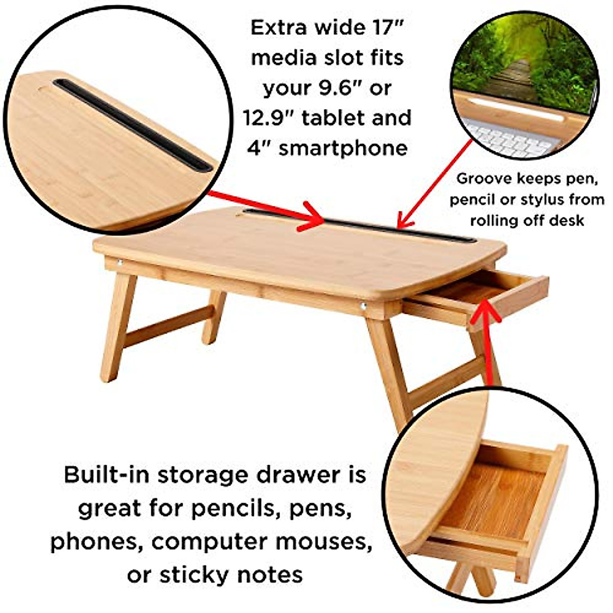 BIRDROCK HOME Portable Sit or Stand Desk with Storage Drawer and Media Slot | Folding Legs | Fits Laptops Up to 17" | 17" Tablet and Phone Slot | Smart Phones Up to 4" | Natural | Work from Home