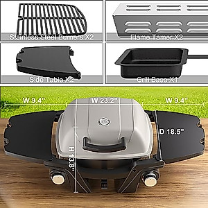 Portable Propane Gas Grill, 2-Burner Portable Gas Grill Small Tabletop Gas Grill, 24000BTU BBQ Outdoor Griddle Gas Grill with Removable Side Tables, Thermometer, Regulator, Gas Hose, White