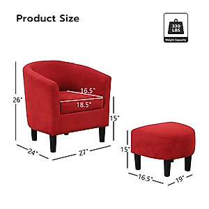 INZOY Modern Accent Chair with Ottoman, Upholstered Barrel Reading Chair with Foot Rest, Comfy Fabric Armchairs for Living Room Bedroom Small Spaces, Easy to Assemble (Red)