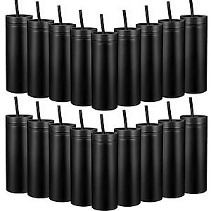Gandeer 18 Pieces Skinny Acrylic Tumbler with Lid and Straw 16 oz Matte Cups Double Layer Plastic Tumbler Cups Vinyl Customized DIY Gifts for Parties, Birthdays, Home, Office, Bridal Shower (Black)