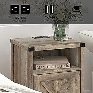 Farmhouse Nightstand Set of 2 with Charging Station,Industrial Bedside Table with Storage Living Room Bedroom Side Table End Table with Barn Door,Grey