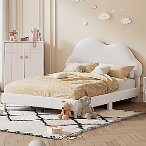 SOFTSEA Kids Upholstered Full Bed, Cute Platform Bed with Cloud-Shape Headboard, Velvet Upholstered Princess Bed for Girls Boys, No Box Spring Needed (Beige)