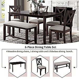 UBGO, 6 Piece Rustic Wooden Diningtable Dinette, Dining Room Furniture Set, Include Wood Table, Bench & 4 Chairs with Burlap Foam Cushion, for Home Living Space, (Espresso) B