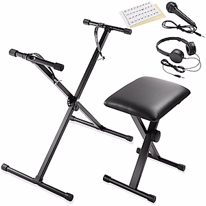 Ashthorpe 61-Key Digital Electronic Keyboard Piano with Full-Size Keys for Beginners, Includes Stand, Bench, Headphones, Mic and Keynote Stickers