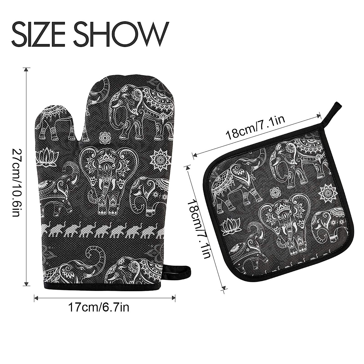 Oven Mit Pot Holder for Kitchen Elephants Black White Hot Pad Non-Slip Potholder Set for Baking, Grilling