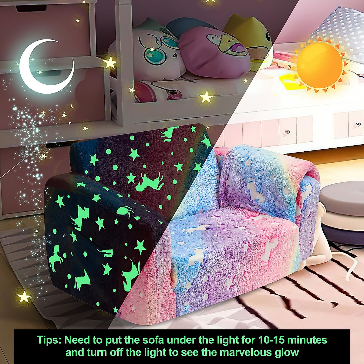 Kirumie Kids Couch Glow in The Dark, Toddler Couches That Fold Out, 2-in-1 Convertible Sofa to Lounger, Soft Kids Sofa with Blanket, Toddler Chair Comfy Sofa for Girls, Pink