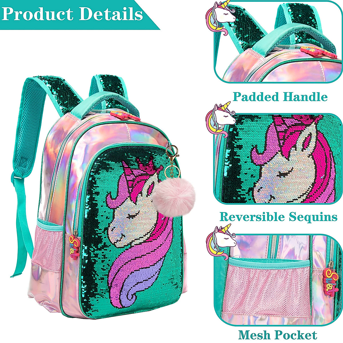 Unicorn Backpack for Girls Backpacks Glitter Sequin Bookbag with Lunch Box for Elementary Students Preschool Bag