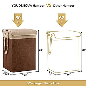 YOUDENOVA Collapsible Laundry Basket with Lid, 80L Clothes-Hamper for Bedroom with Handles, Freestanding Hamper with Lid, Foldable Laundry Hamper for Baby, Towels Blankets Toys Organizer. Brown