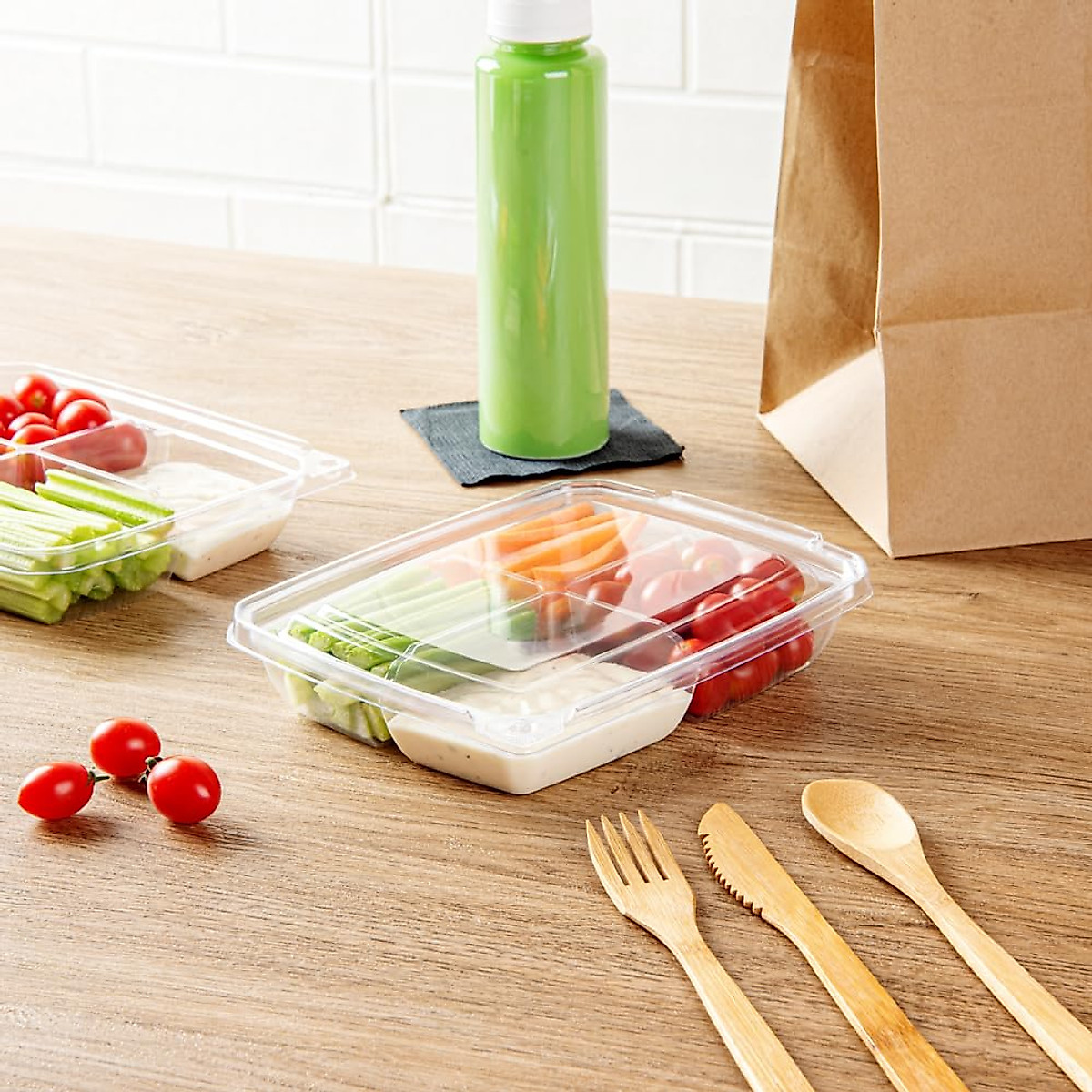 Tamper Tek 13 Ounce Rectangle Take Out Containers, 100 Durable Carryout Containers - Tamper-Evident, Freezable, Clear Plastic To-Go Containers, 4 Compartments, With Hinged Lids - Restaurantware