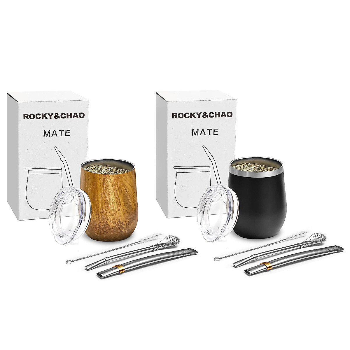 2 Pack 8 Ounces Modern Mate Cup Yerba Mate Tea Cup Set - Including Two Bombilla (Yerba Mate Straw), Lid & Cleaning Brush, Mate Cup for Drinking - Stainless Steel, Double-Wall (Black and Brown）