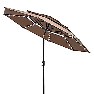 Ainfox 10ft 3 Tiers Solar Patio Umbrella with 40 LED Lights, Outdoor Market Umbrella with W/Double Vented Umbrella, Simple Crank Operation, Auto-tilt Umbrella for Backyard, Pool, Garden,Market