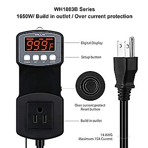 WILLHI Digital Temperature Controller Build in Outlet 1650W 110V 15A Over Current Protection Thermostat Controller Heating Cooling -22~572℉ for Reptile Freezer Greenhouse Temperature Control, WH-1803B