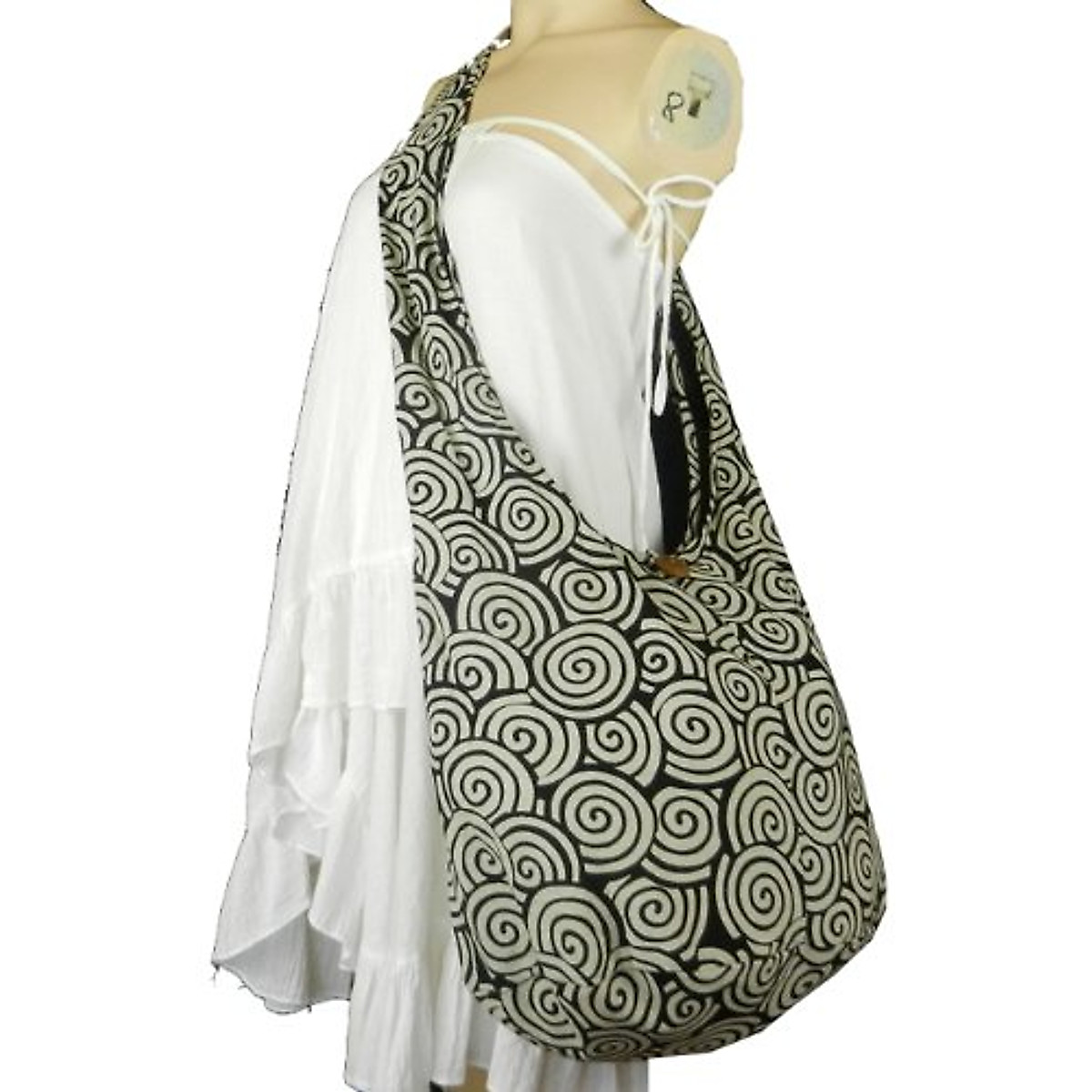 BTP! Hippie Hobo Cotton Sling Crossbody Bag Messenger Purse Swirl Printed in White on Black SW4