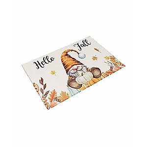 Hello Fall Gnomes Outdoor Rug for Patio/Deck/Porch, Non-Slip Large Area Rug 6 x 9 Ft, Thanksgiving Pumpkin Maple Leaf Indoor Outdoor Rugs Washable Area Rugs, Reversible Camping Rug Carpet Runner