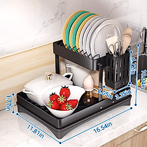 PXRACK Dish Drying Rack,Stainless Steel Dish Racks for Kitchen Counter Two Tier Collapsible Dish Racks for Storage Dishes Foldable Dish Drainer with Utensil Holder Organizer Dryer with Drainboard