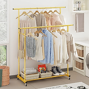 Calmootey Double Rod Clothing Garment Rack,Rolling Hanging Clothes Rack,Portable Clothes Organizer for Bedroom,Living Room,Clothing Store,Gold