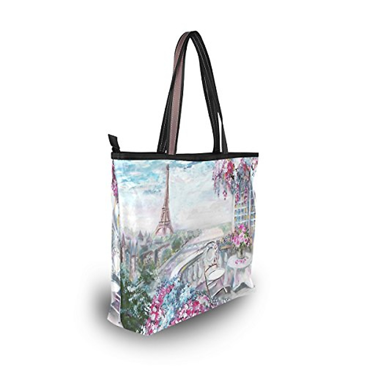 My Daily Women Tote Shoulder Bag Eiffel Tower And Flower Painting Handbag Medium