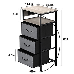 NANANARDOSO End Table with 3 Drawers and 2-Tier Shelf, Fabric Small Dresser Organizer Vertical Storage with Charging Station, Industrial Nightstand Side Table for Bedroom, Sofa, Grey