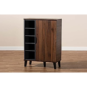 Baxton Studio Idina Mid-Century Modern Two-Tone Walnut Brown and Grey Finished Wood 1-Door Shoe Cabinet