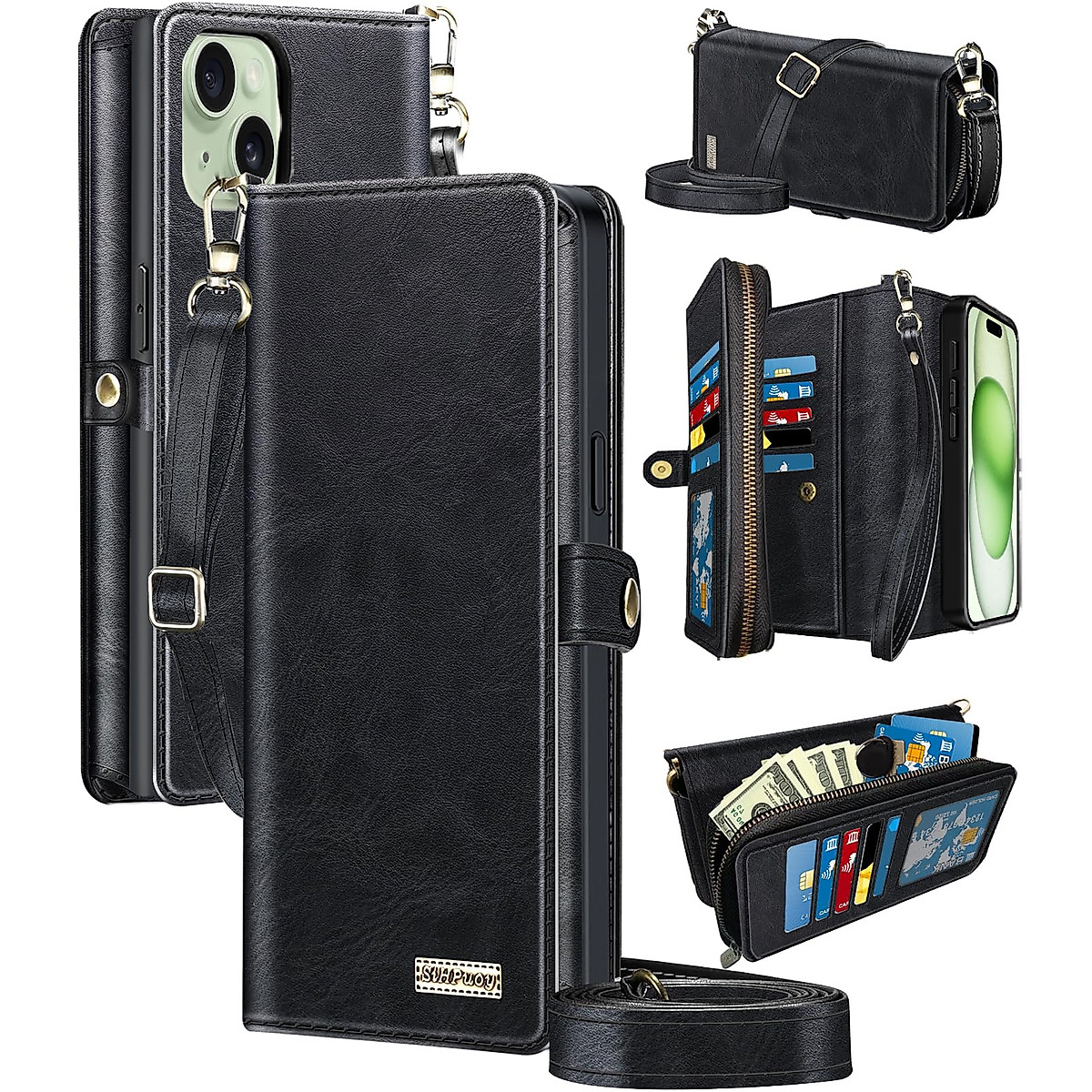 SiHPuoy Leather for Apple iPhone 15 Plus Wallet Case with Card Holder Kickstand, Phone Accessories for Woman Men Women, 2 Pack Screen Protector 2 Pack Camera Lens Cover, Black