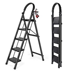 Timati 5 Step Ladder, Folding Step Stool, Wide Steps with Handrail Anti-Slip Step Ladder with Handgrip, Sturdy Steel Ladder, Lightweight and Portable Step Ladder for Home, Library, Office, Garage